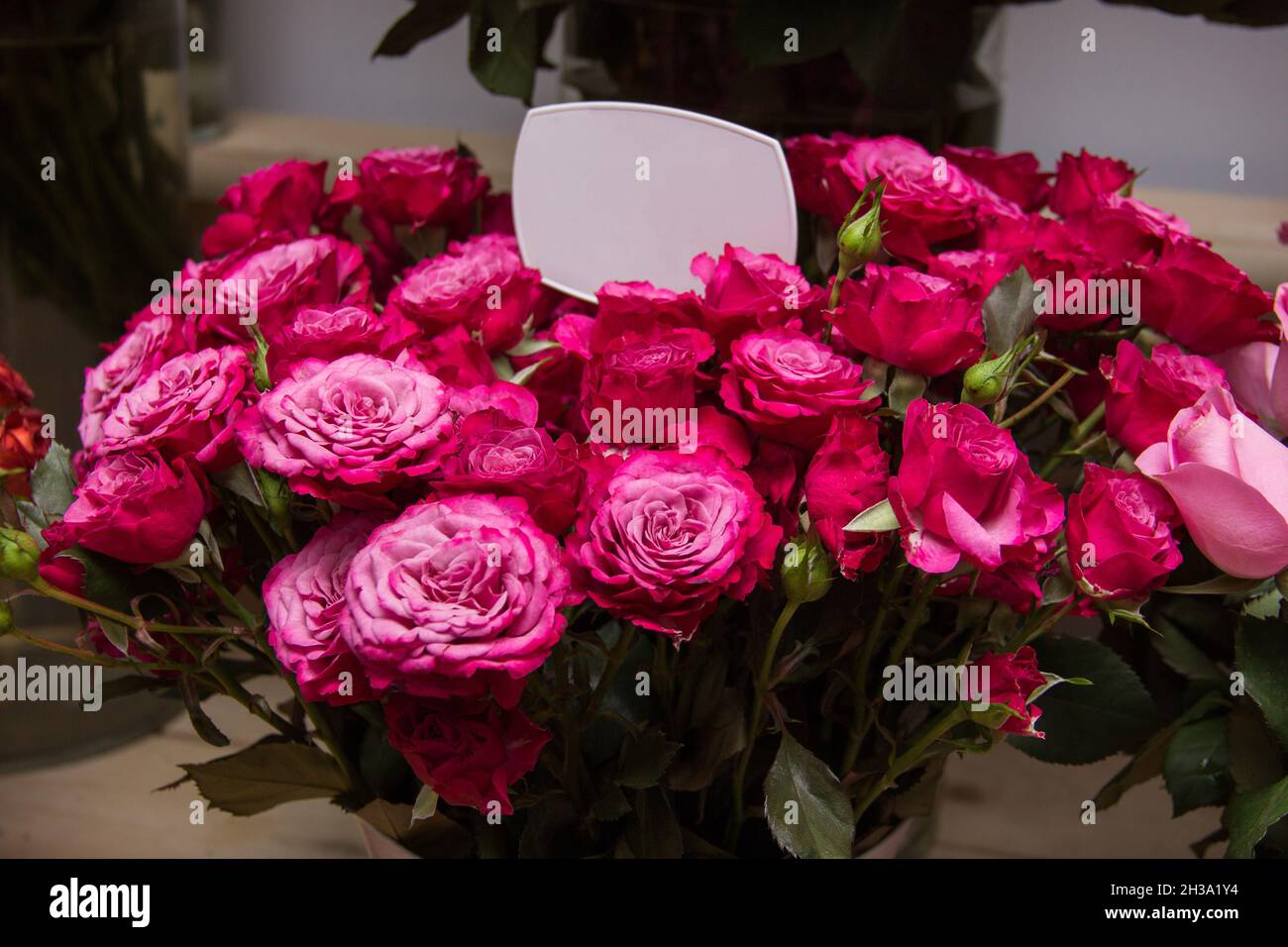 Roses stand window flower shop. Sale of flowers. Flowers with price tag ...