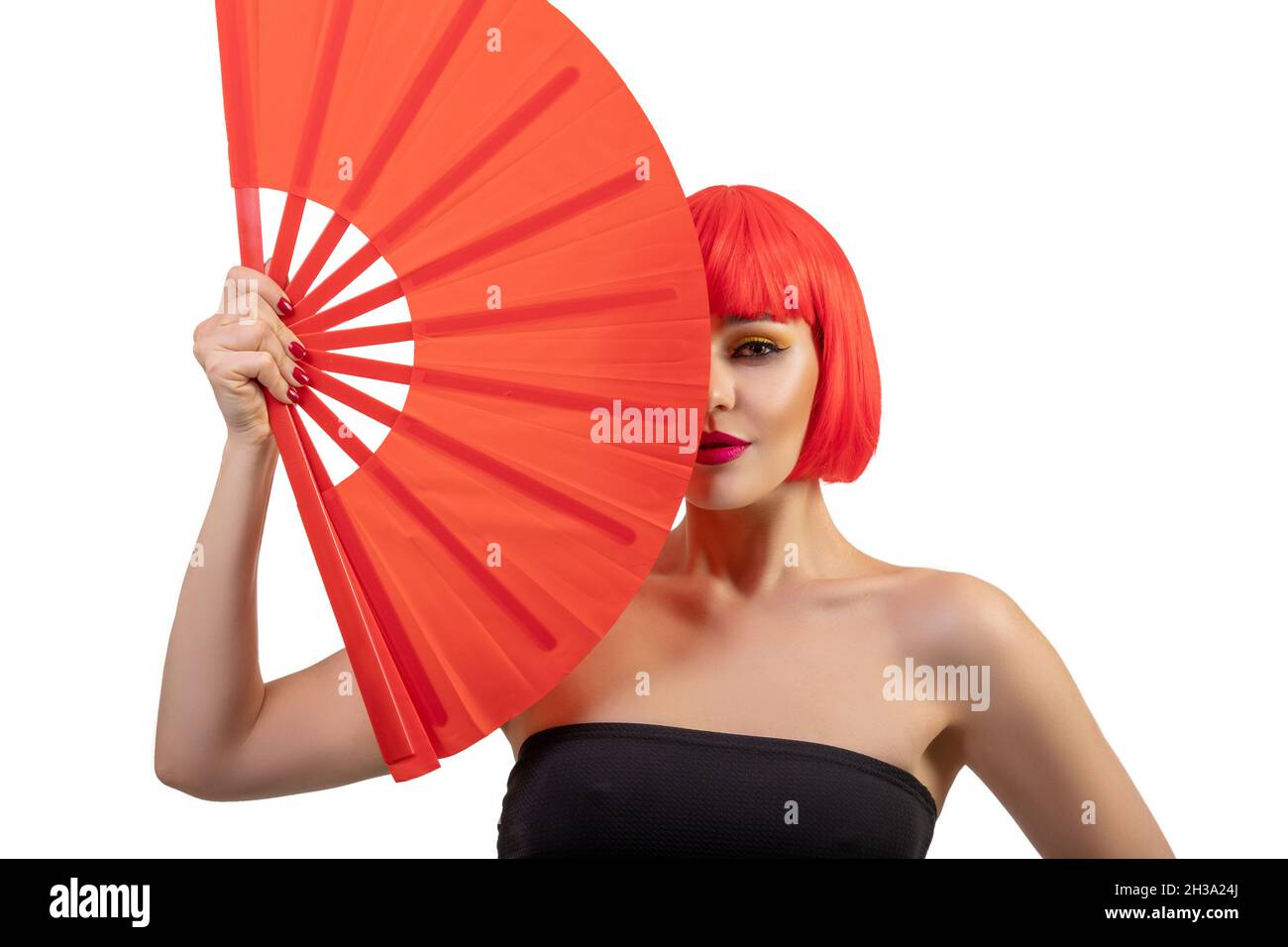 Woman Portrait with red Wig and Fan Stock Photo - Alamy