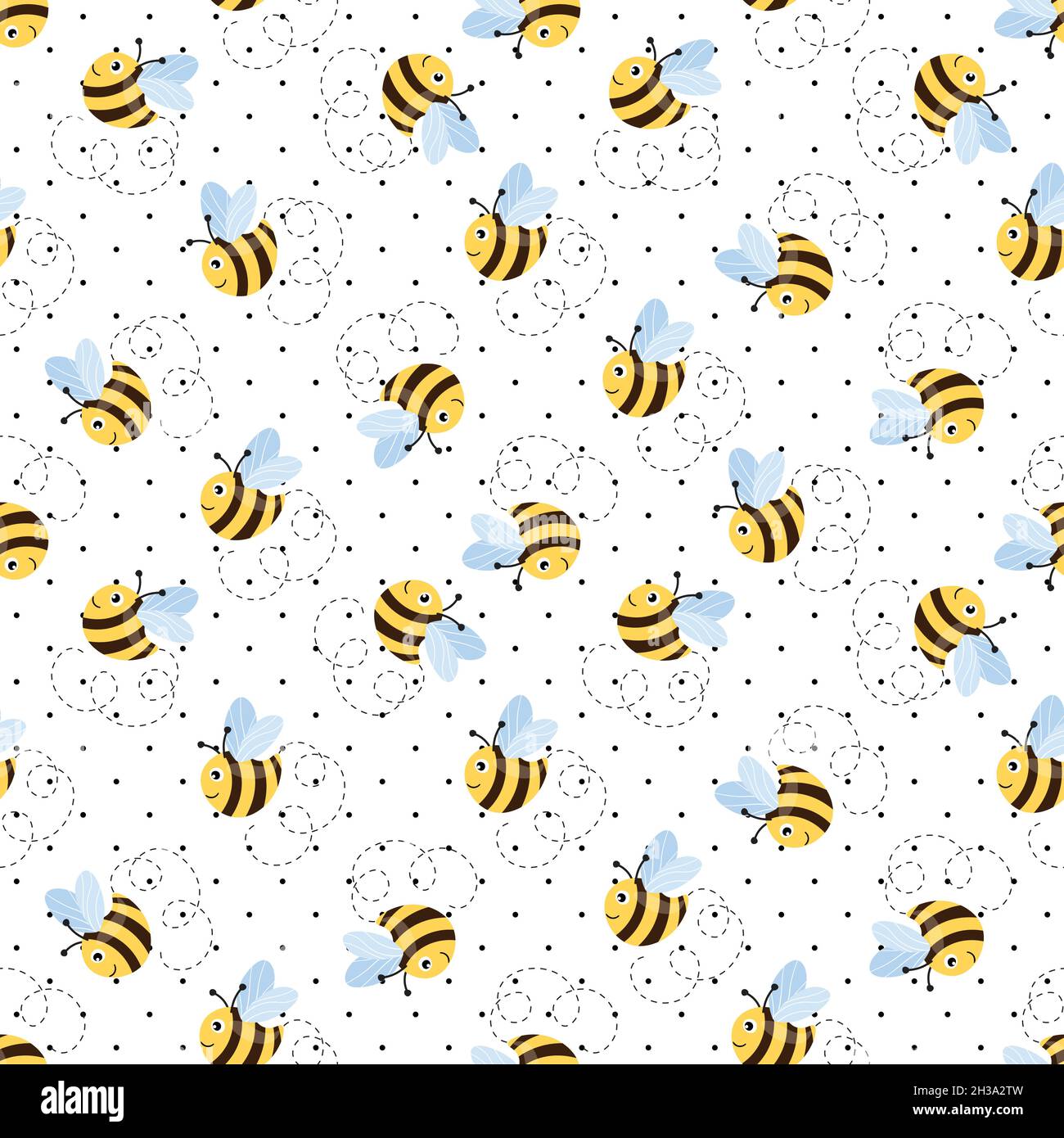Seamless pattern with bees on white polka dots background. Small wasp ...