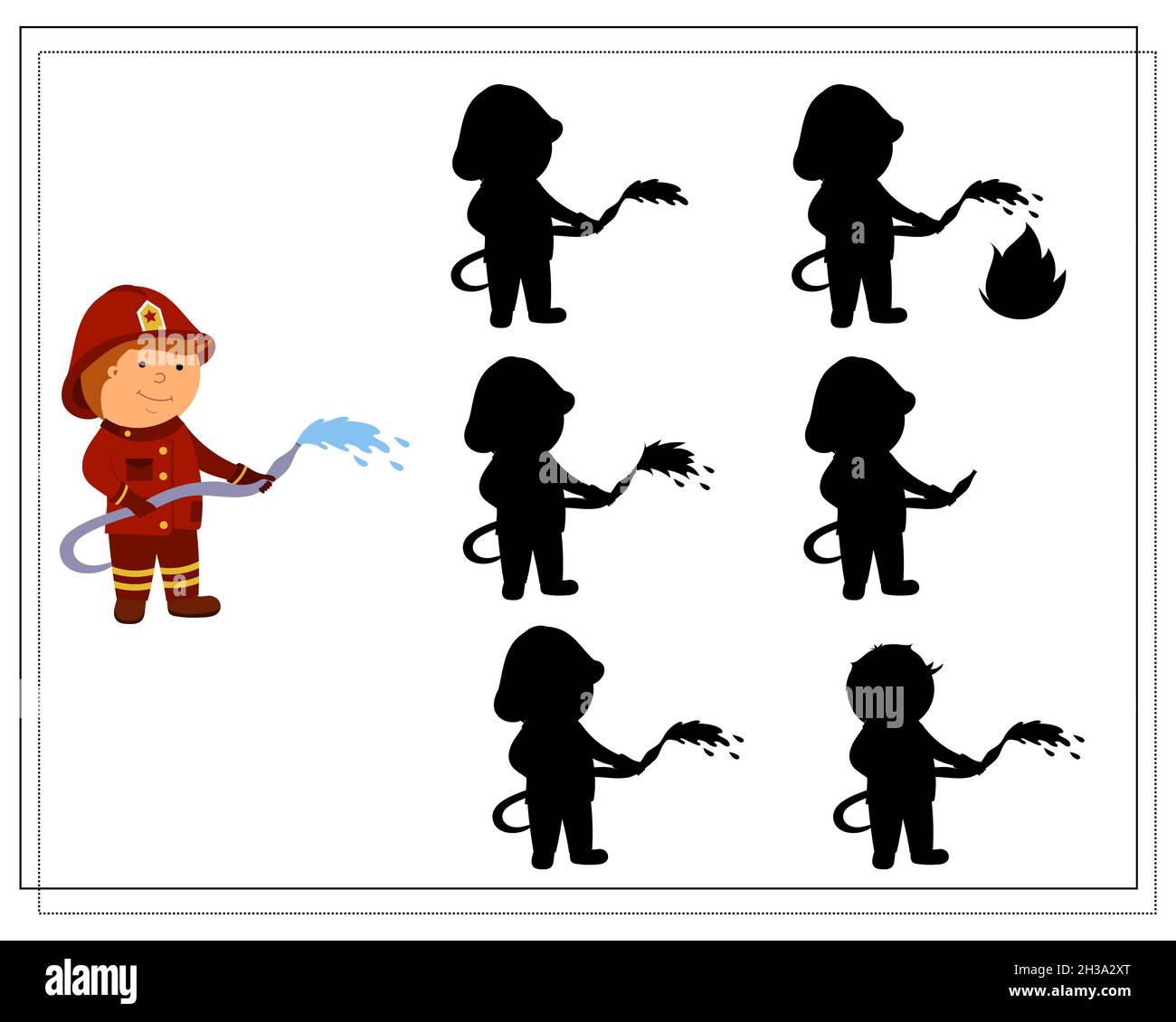 A logic game for kids find the right shadow, a firefighter extinguishes ...