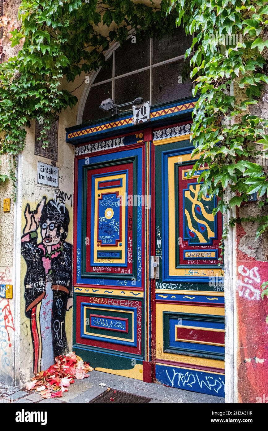 Colourful entrance of residential apartment building built 1879 that ...