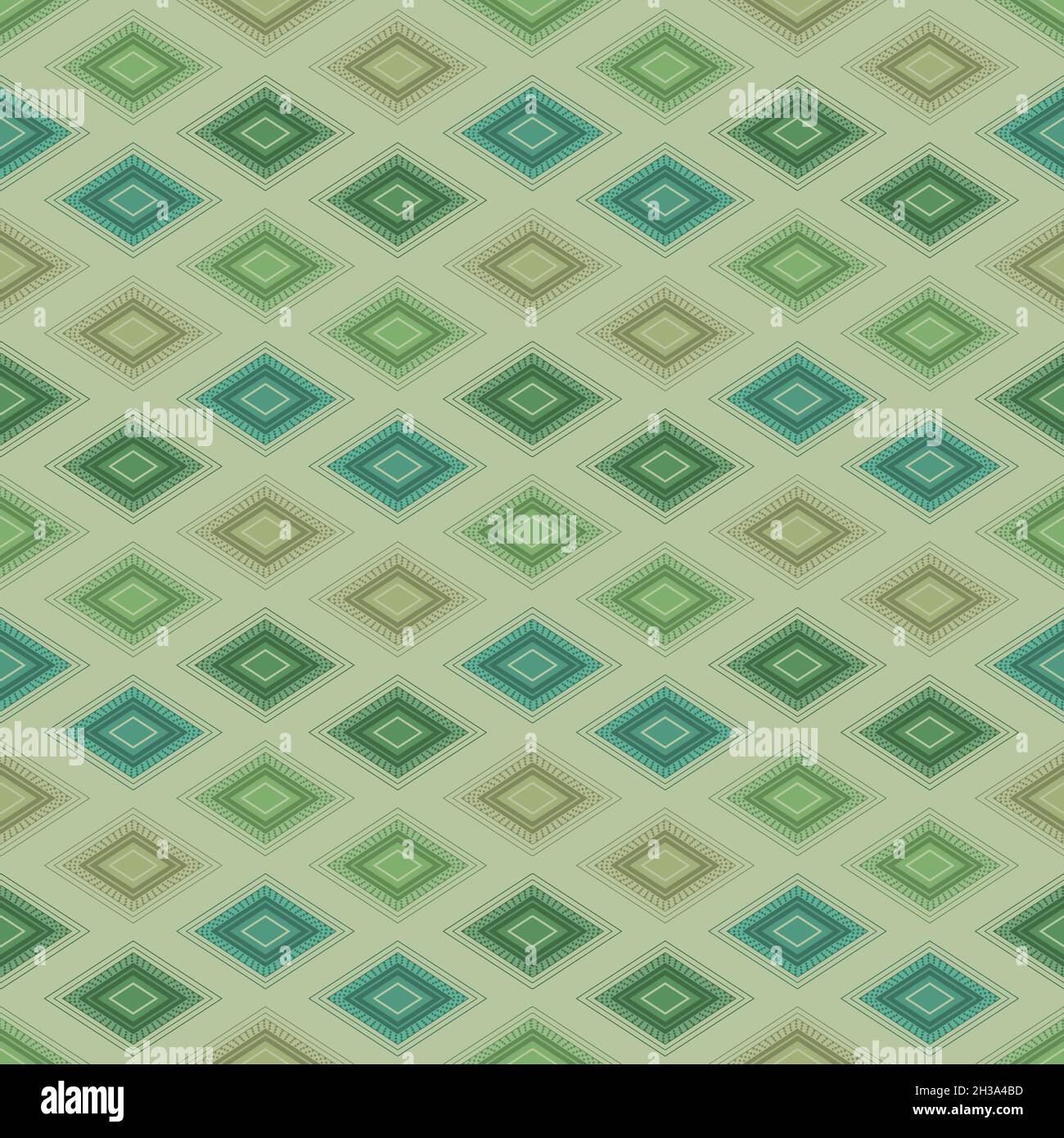 Seamless repeating pattern. Ornated diamond shapes in shades of green.. Abstract geometrical ...