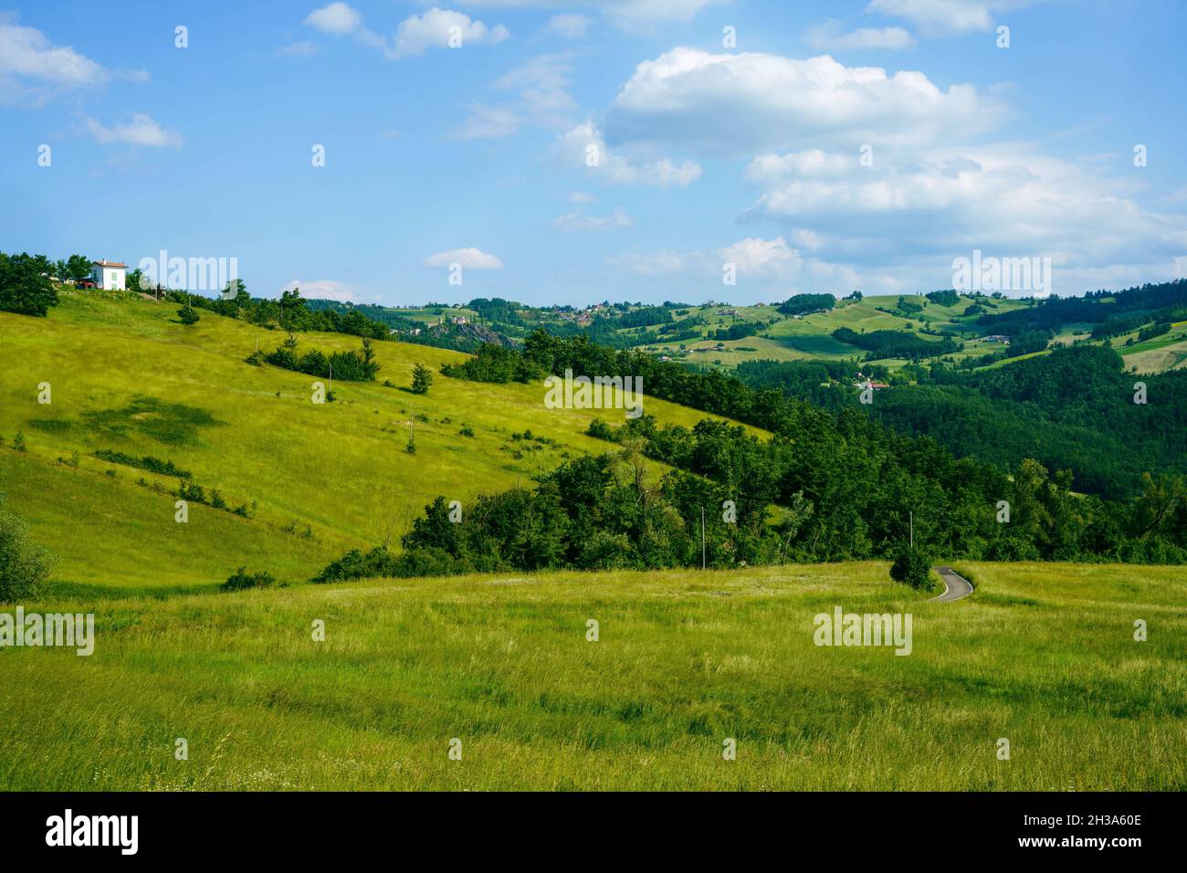 Country landscape along the road from Gombola to Serramazzoni, Modena province, Emilia-Romagna ...