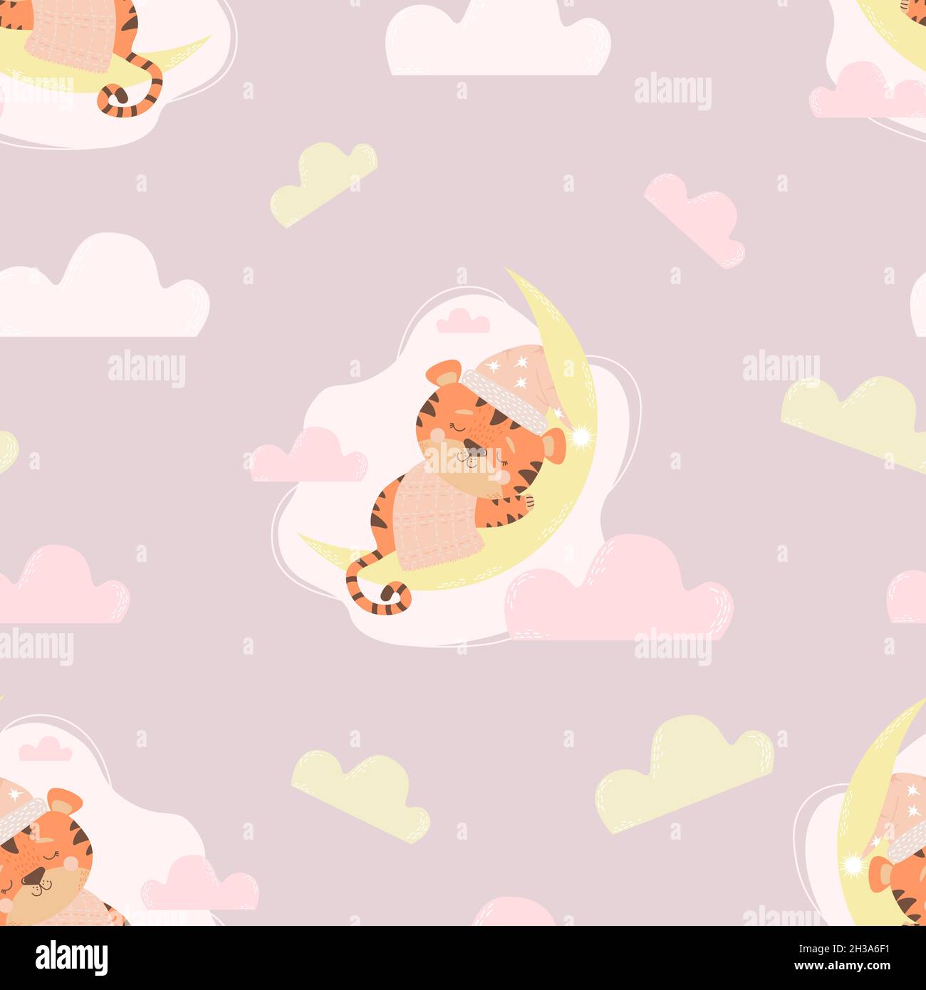 Seamless pattern with cute sleeping tiger. An animal girl in a nightcap ...