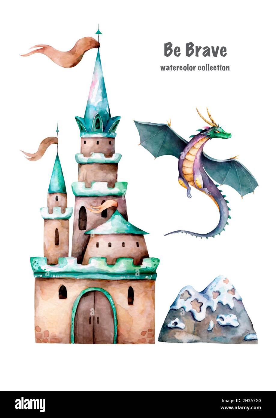 Cartoon Fairy tale castle and flying Dragons. Hand drawn watercolor ...