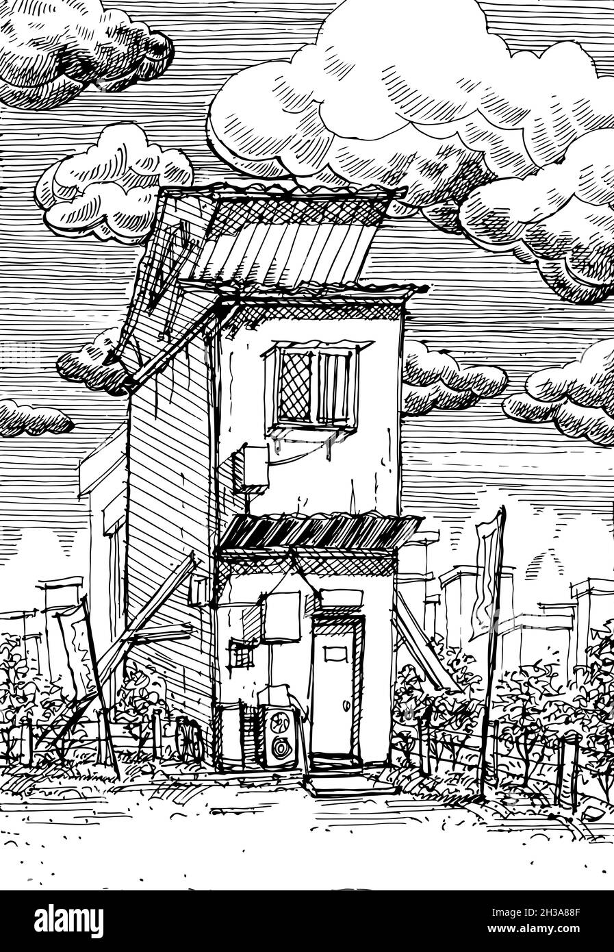 Hand drawn architectural Drawing. Buildings line art. Drawing with a ...
