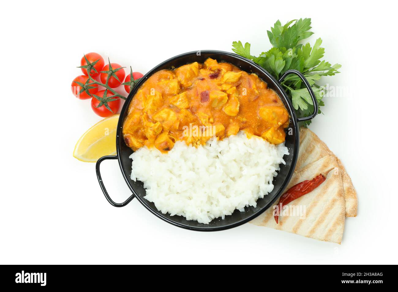 Concept of tasty food with chicken tikka isolated on white background ...