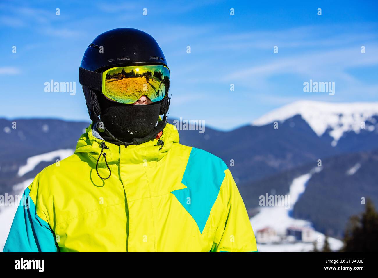 man in snowboard mask helmet and balaclava Stock Photo - Alamy