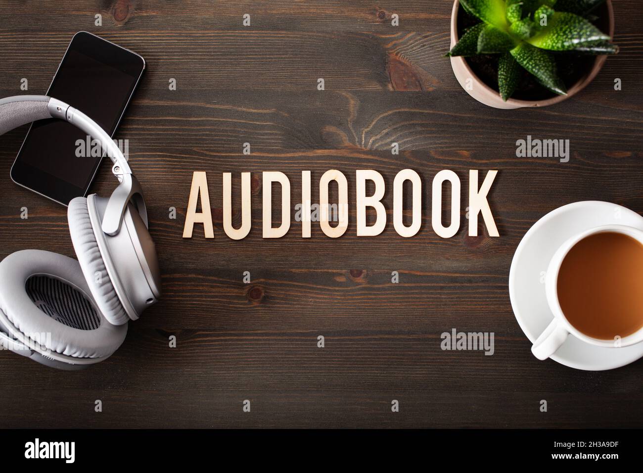 audiobook word text concept modern wireless headphones smartphone Stock ...