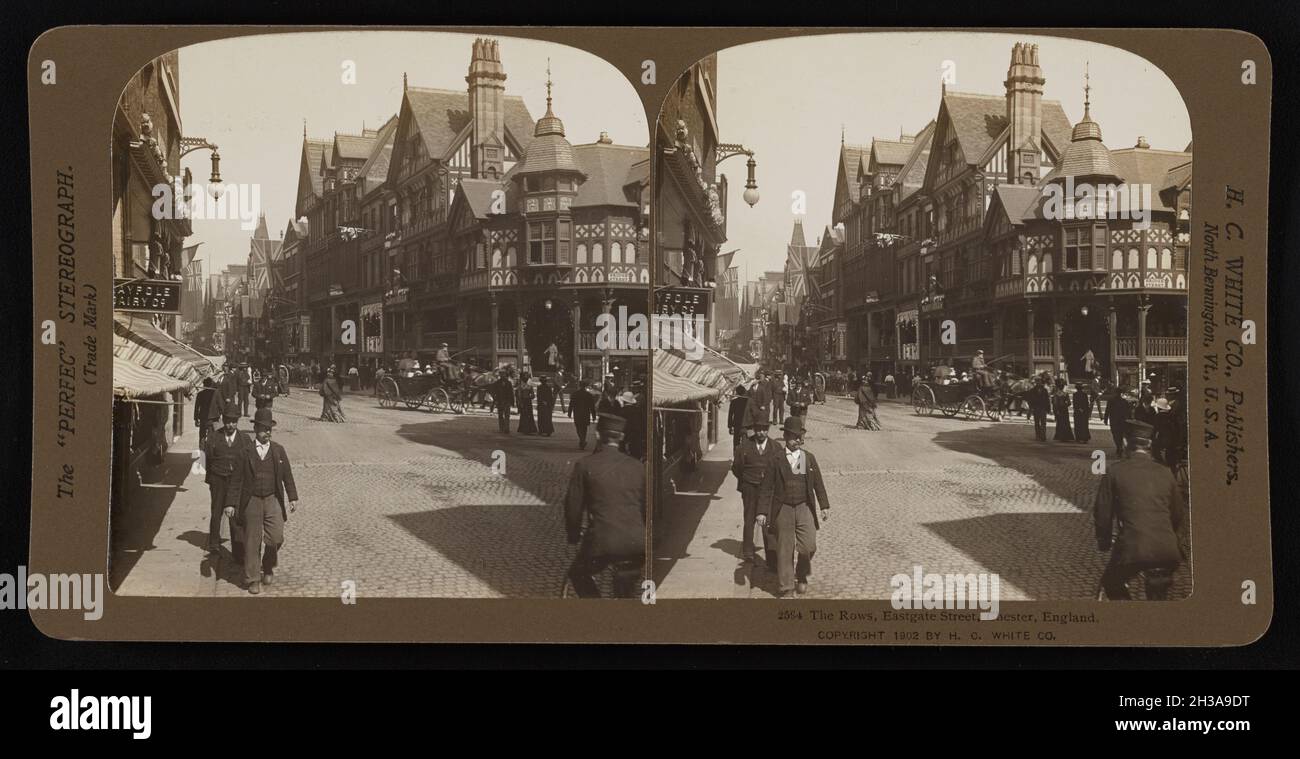 Vintage stereographic photo circa 1890 of Eastgate Street in Chester an ...