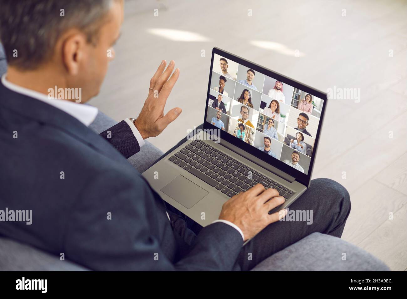 Businessman talk on webcam video call on computer Stock Photo - Alamy