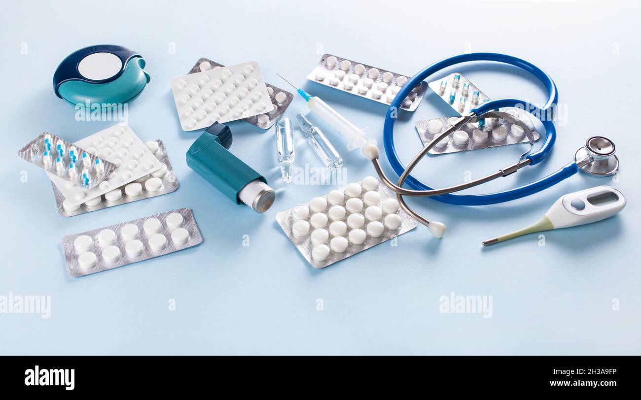 pills stethoscope syringe asthma inhaler medicine. emergency medical ...