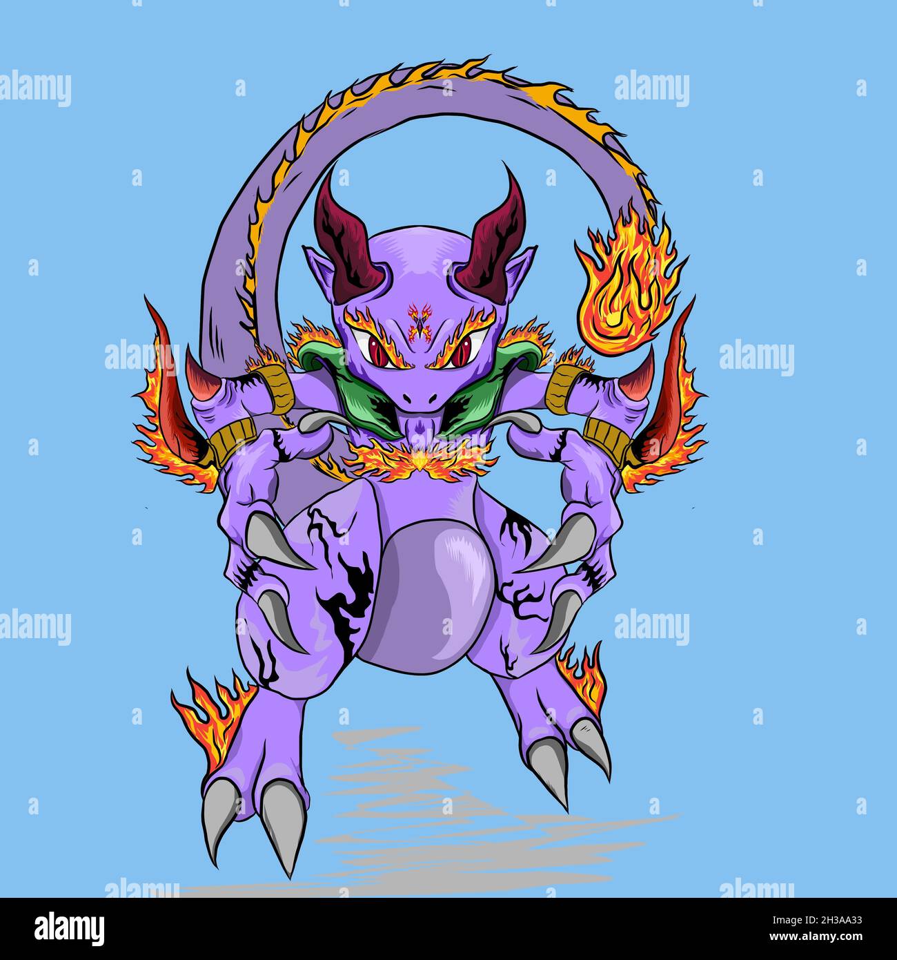 Illustration of a purple evil monster with fire Stock Photo - Alamy