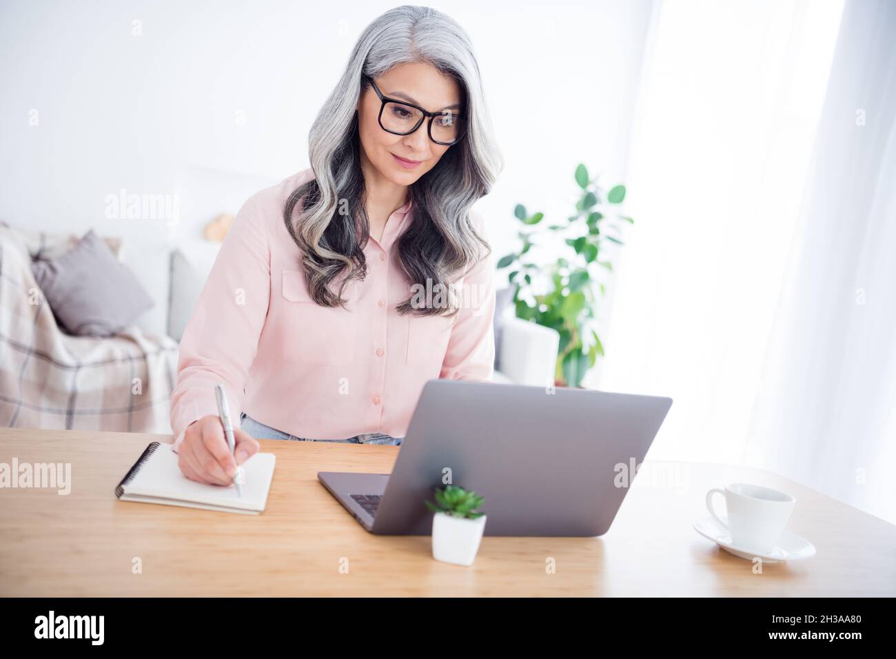 Portrait of attractive focused woman accountant using laptop writing ...