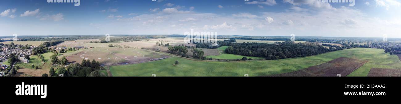 aerial panoramic image over the village of Weeting, Brandon in England ...