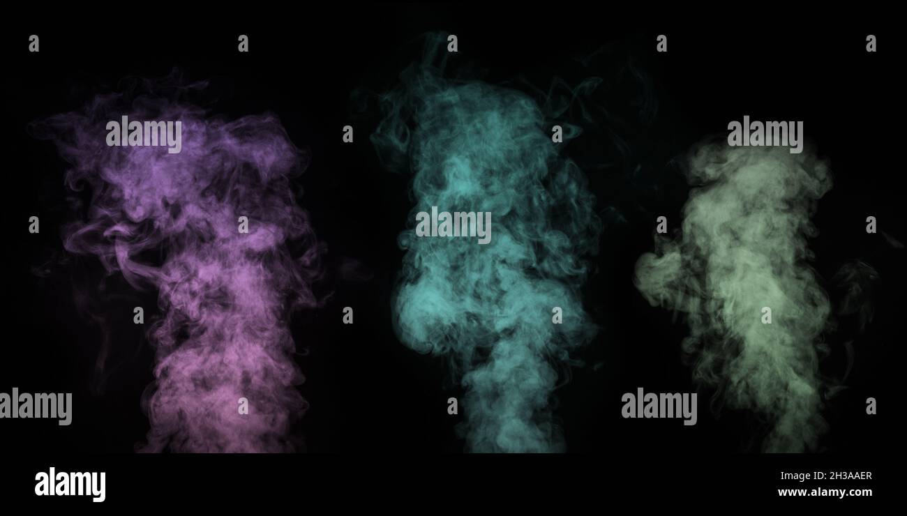 A set of multi-colored different vapors, smoke on a black background to ...