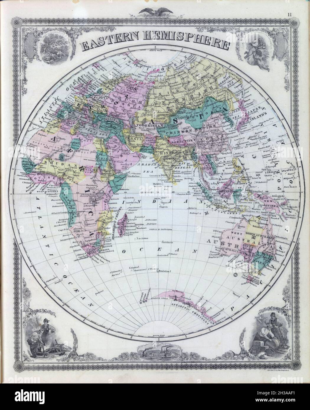 Historic illustrated vintage 18-19th century Eastern Hemisphere map ...