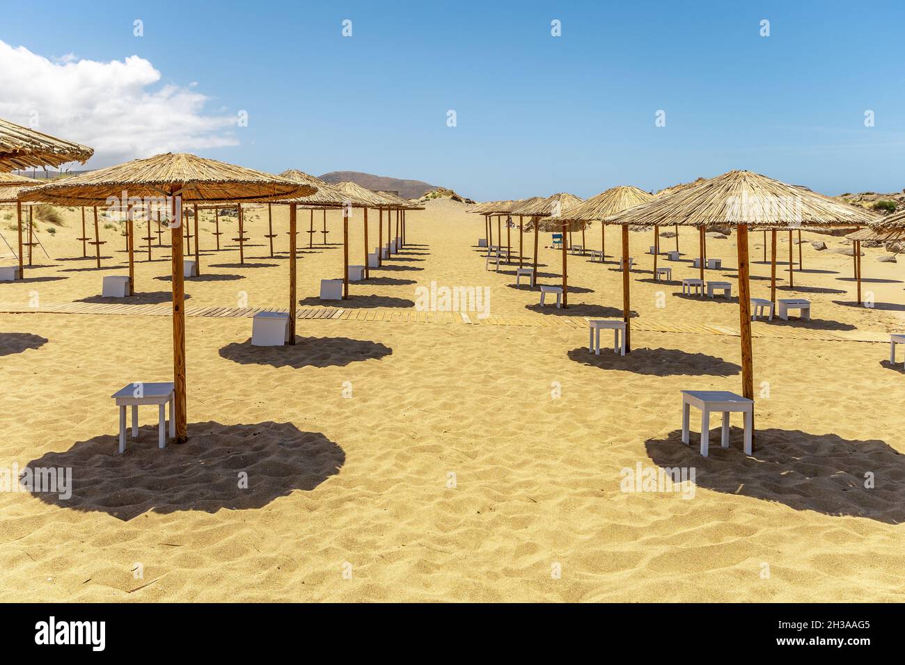 Empty sandy beach with umbrellas in summer with sun light Stock Photo ...
