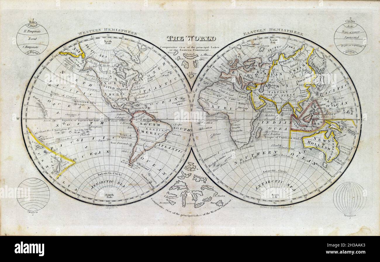 Historic illustrated vintage 18-19th century world map Stock Photo - Alamy