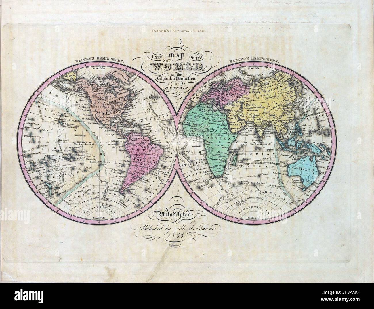 Historic illustrated vintage 18-19th century world map Stock Photo - Alamy