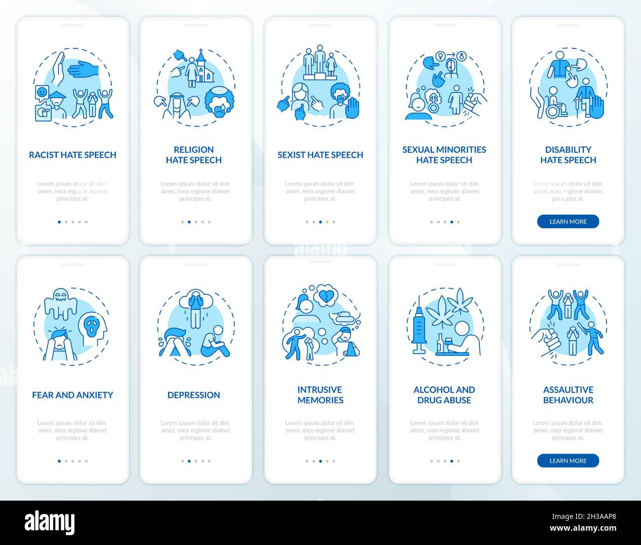 Exposure to violence onboarding mobile app page screen set Stock Vector ...