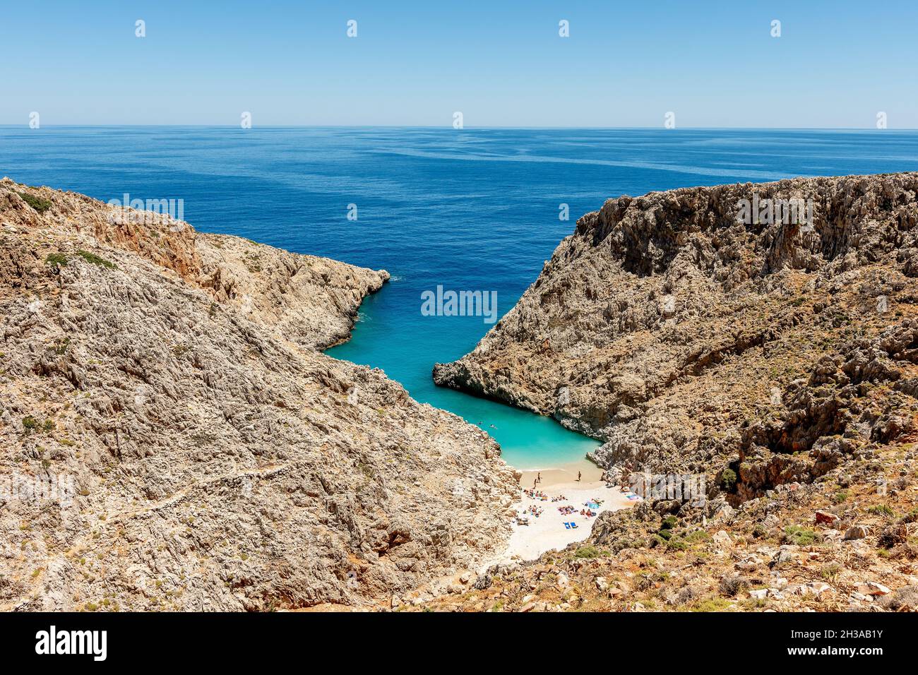 Aerial top view by drone of beach of Seitan Limania in bay with ...