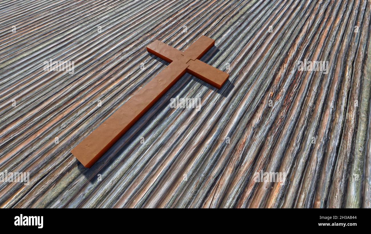 Concept or conceptual metal rusted cross on a natural wood or wooden ...