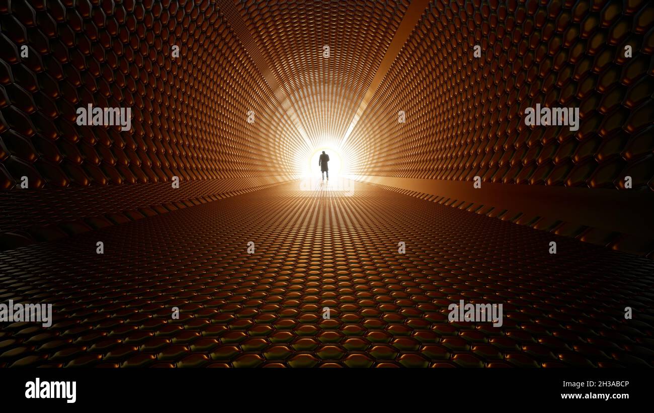 Concept or conceptual dark tunnel with a bright light at the end or ...