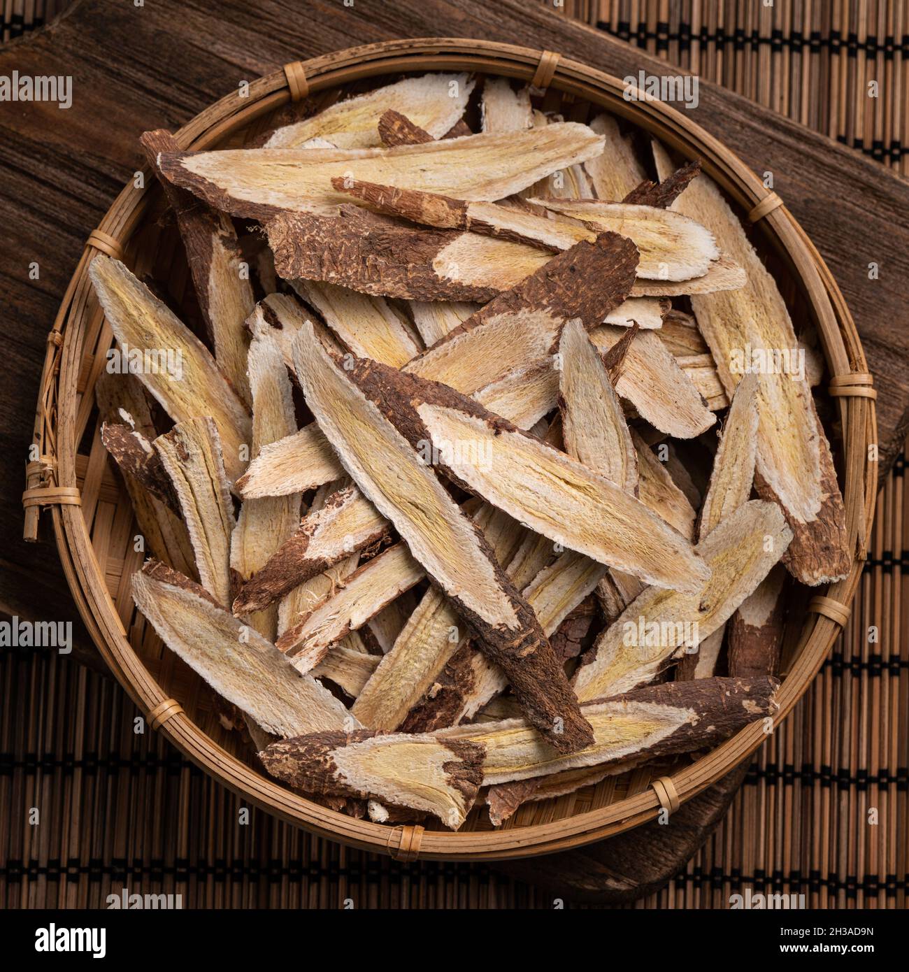 Top view of Chinese traditional herbal medicine Astragalus root on ...