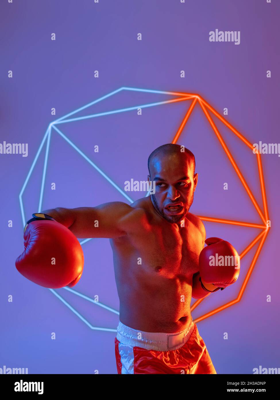 Creative artwork of prfessional male boxer in motion over neon ...