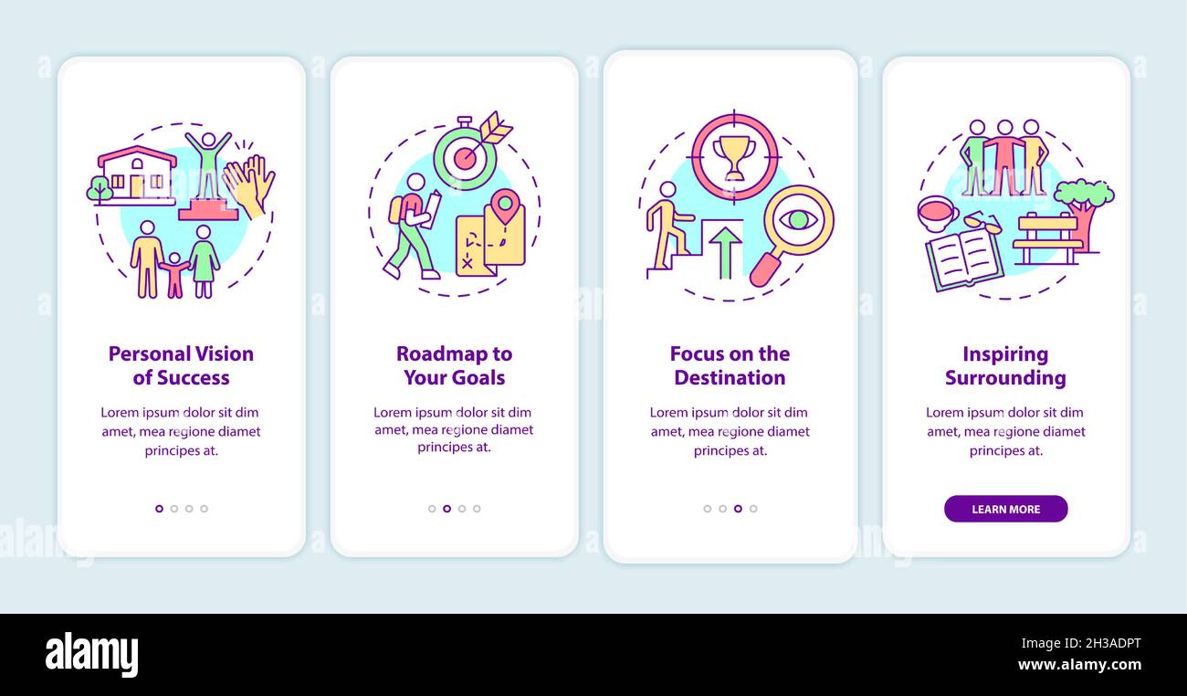 Happiness mindset components onboarding mobile app page screen Stock ...