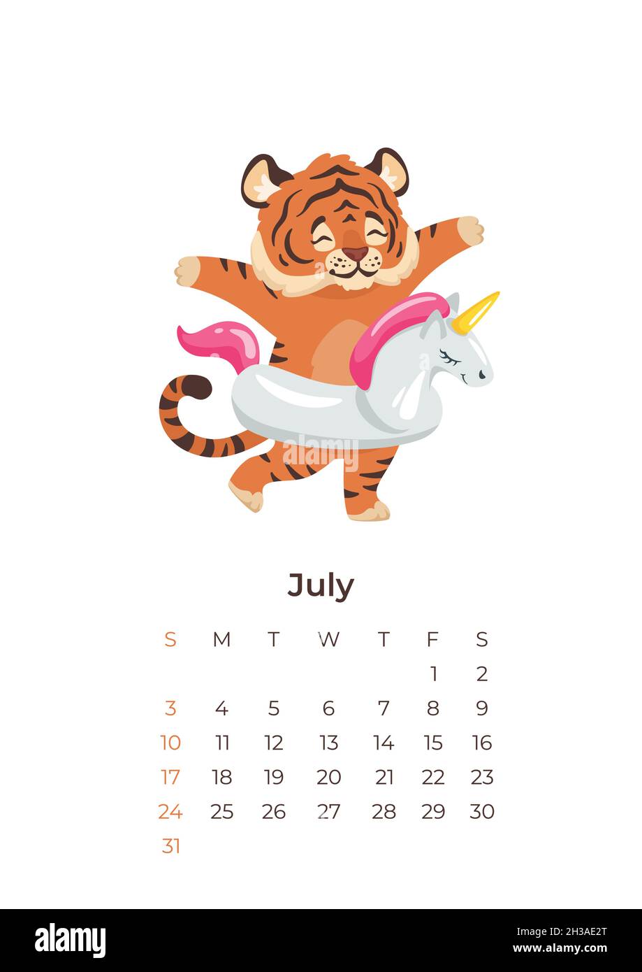 cartoon tiger July 2022 calendar A4 format template Stock Vector Image ...