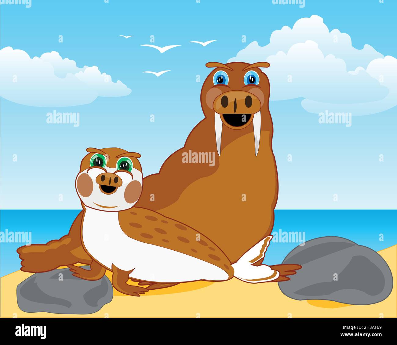 Vector illustration oceanside and wildlifes walrus and seal Stock ...