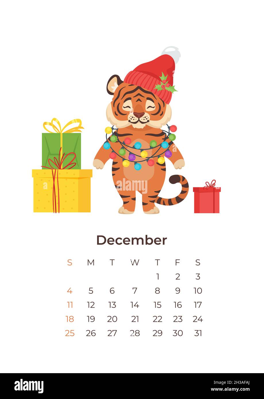 cartoon tiger December 2022 calendar A4 vertical template Stock Vector ...