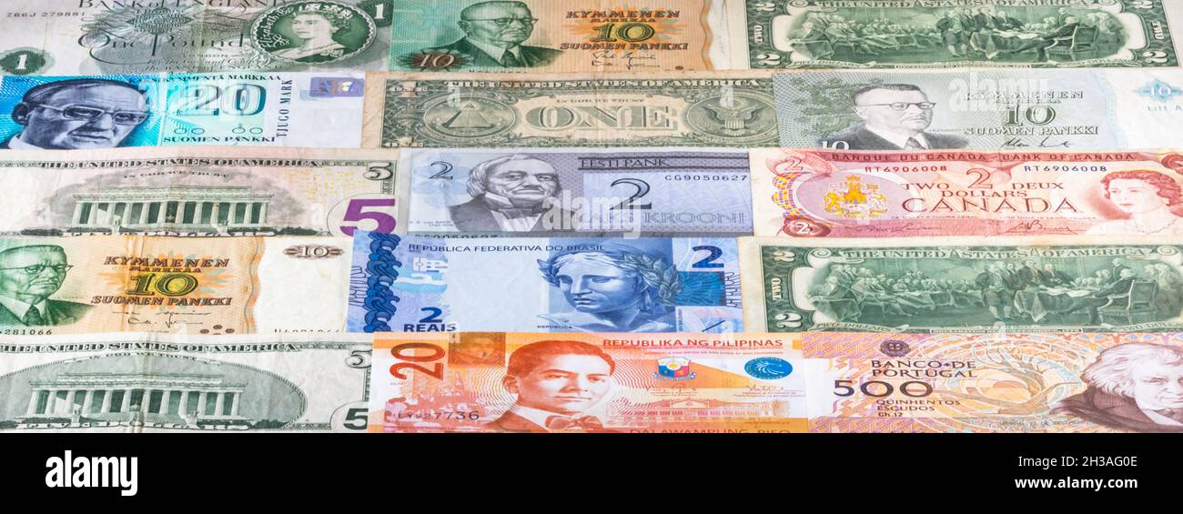 Background with current and old banknotes from some countries Stock ...