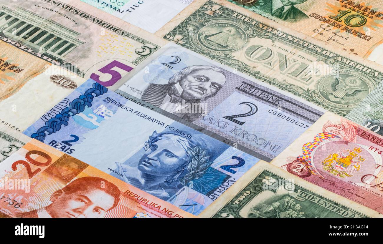 Background with current and old banknotes from some countries Stock ...