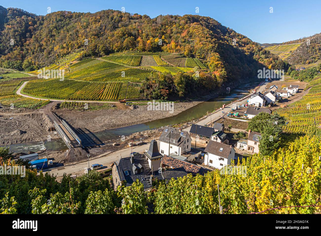 Flood disaster in 2021 in the Ahr valley. Destroyed bridge in Rech, Germany Railroad bridge and ...