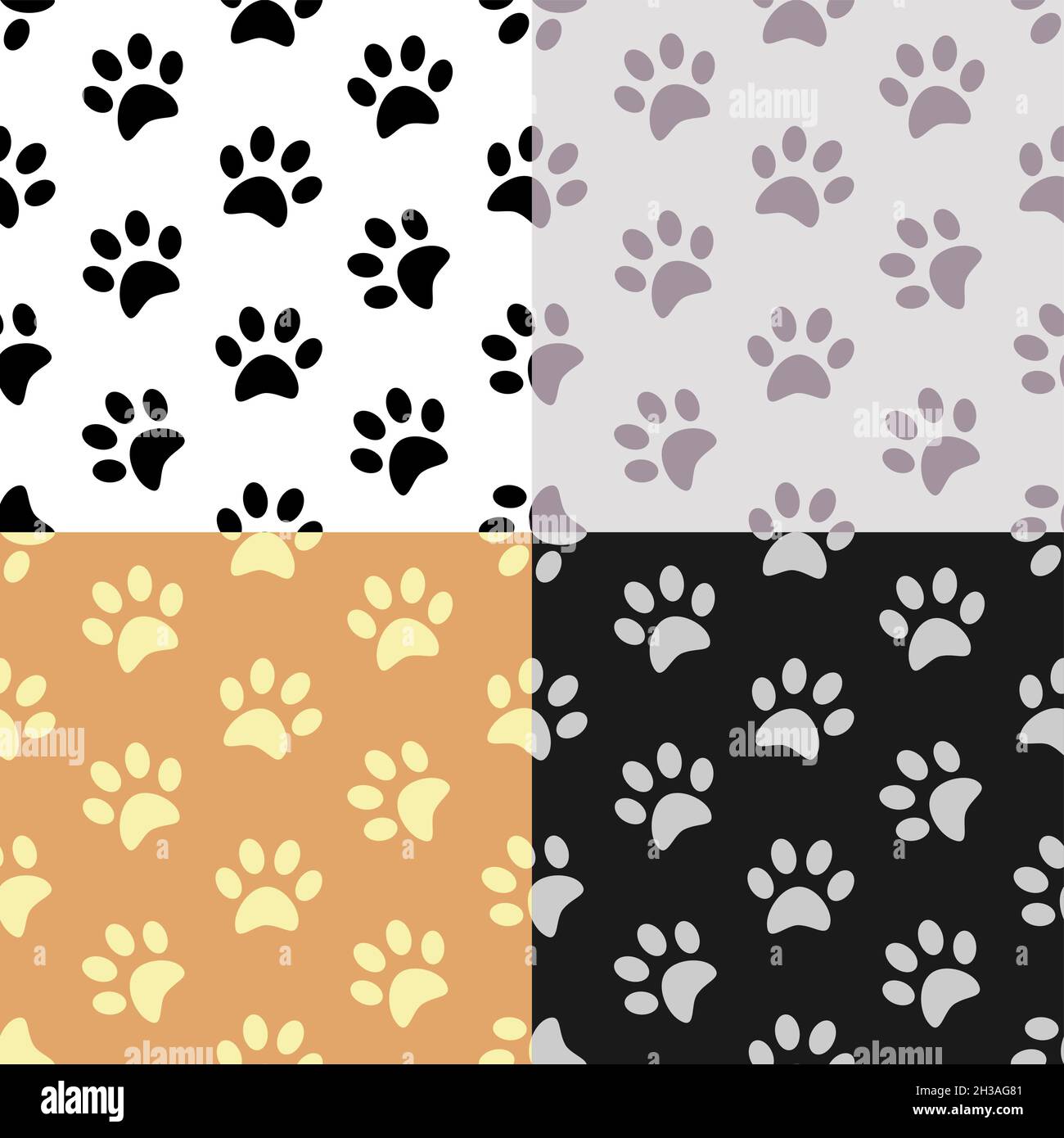 set of seamless patterns with Silhouettes of pads of the cat paws ...
