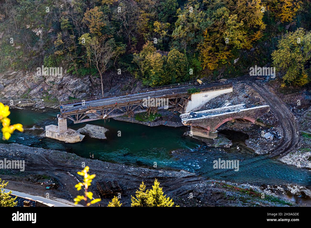 Flood disaster in 2021 in the Ahr valley. Destroyed bridge in Rech, Germany Railroad bridge and ...