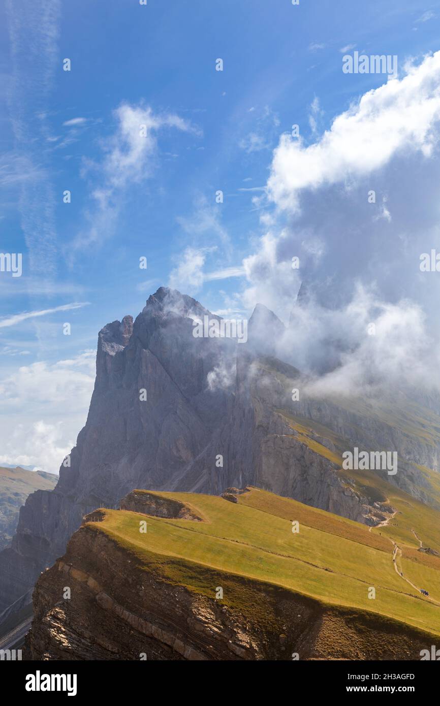 View from Seceda mountain to Odle group in morning fog, Gardena, South ...
