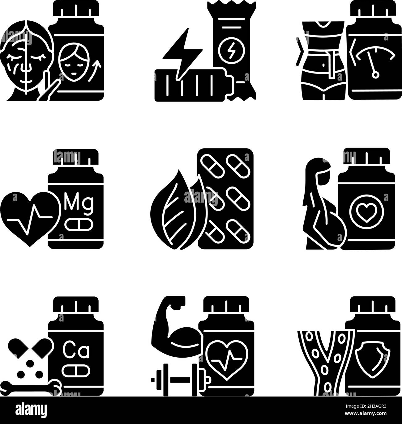 Food supplements black glyph icons set on white space Stock Vector ...
