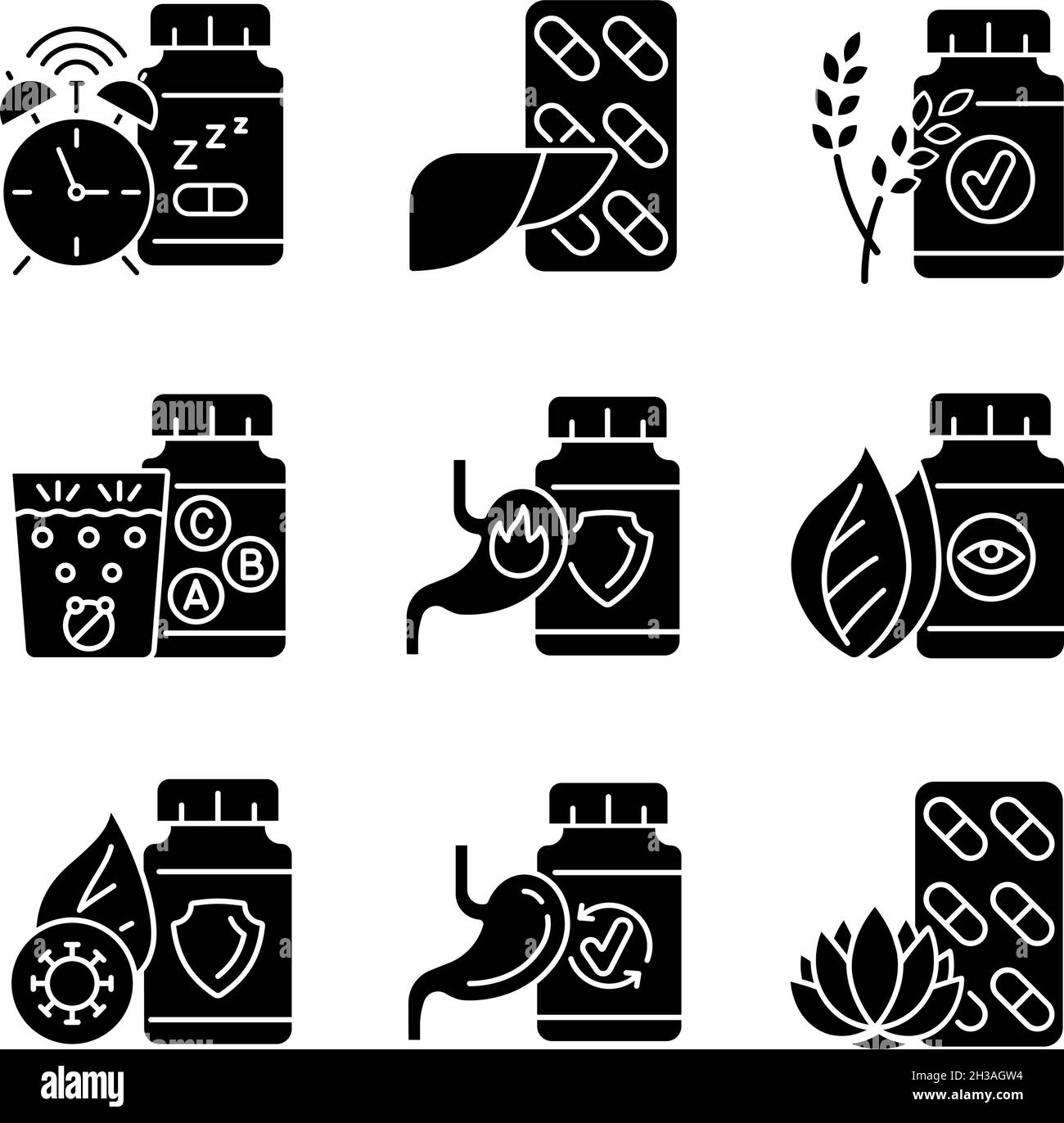 Food supplements black glyph icons set on white space Stock Vector ...