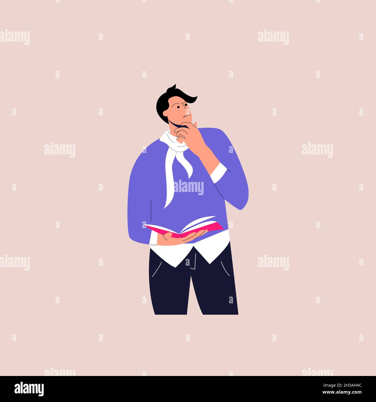 A young thoughtful man in a scarf touches his chin thinking for ...