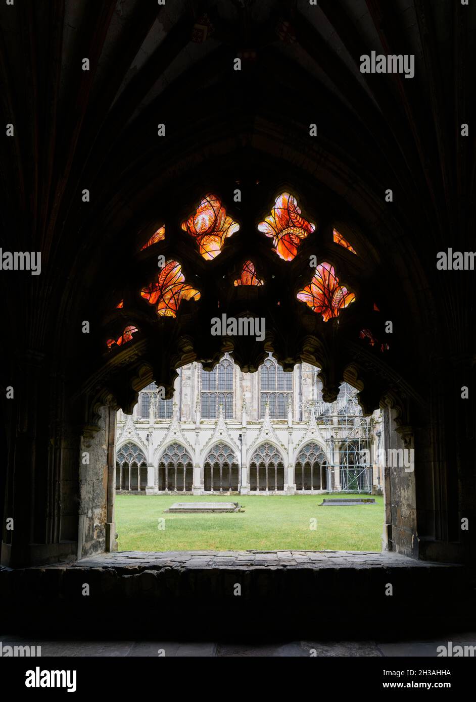 Stained glass windows in the cloister of Canterbury cathedral, England ...