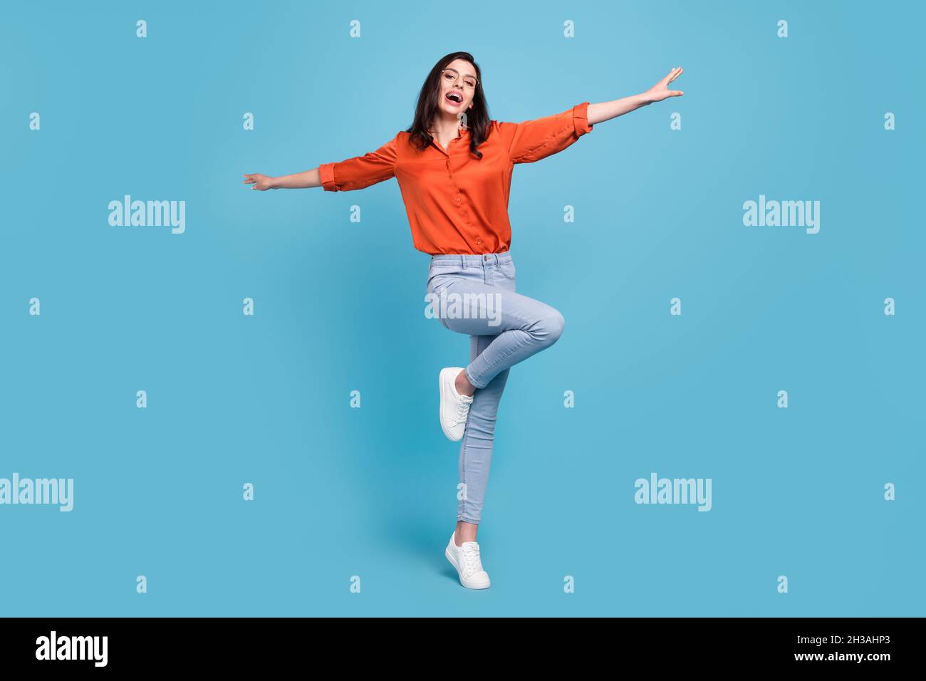 Full length body size view of attractive cheerful girl flying like ...