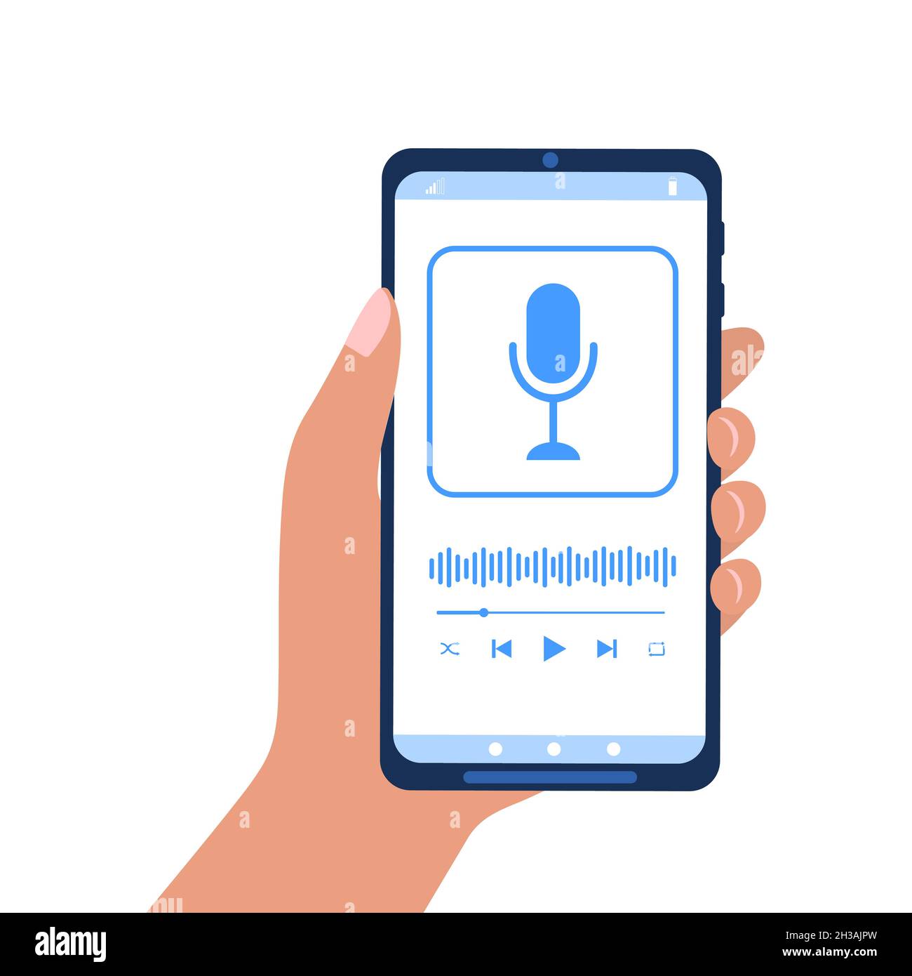 Hand holding smartphone with podcast player interface on screen ...