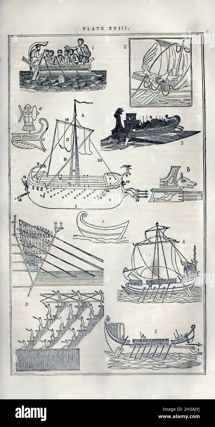 Vintage 19th century illustration of boats and ships from Greek and ...