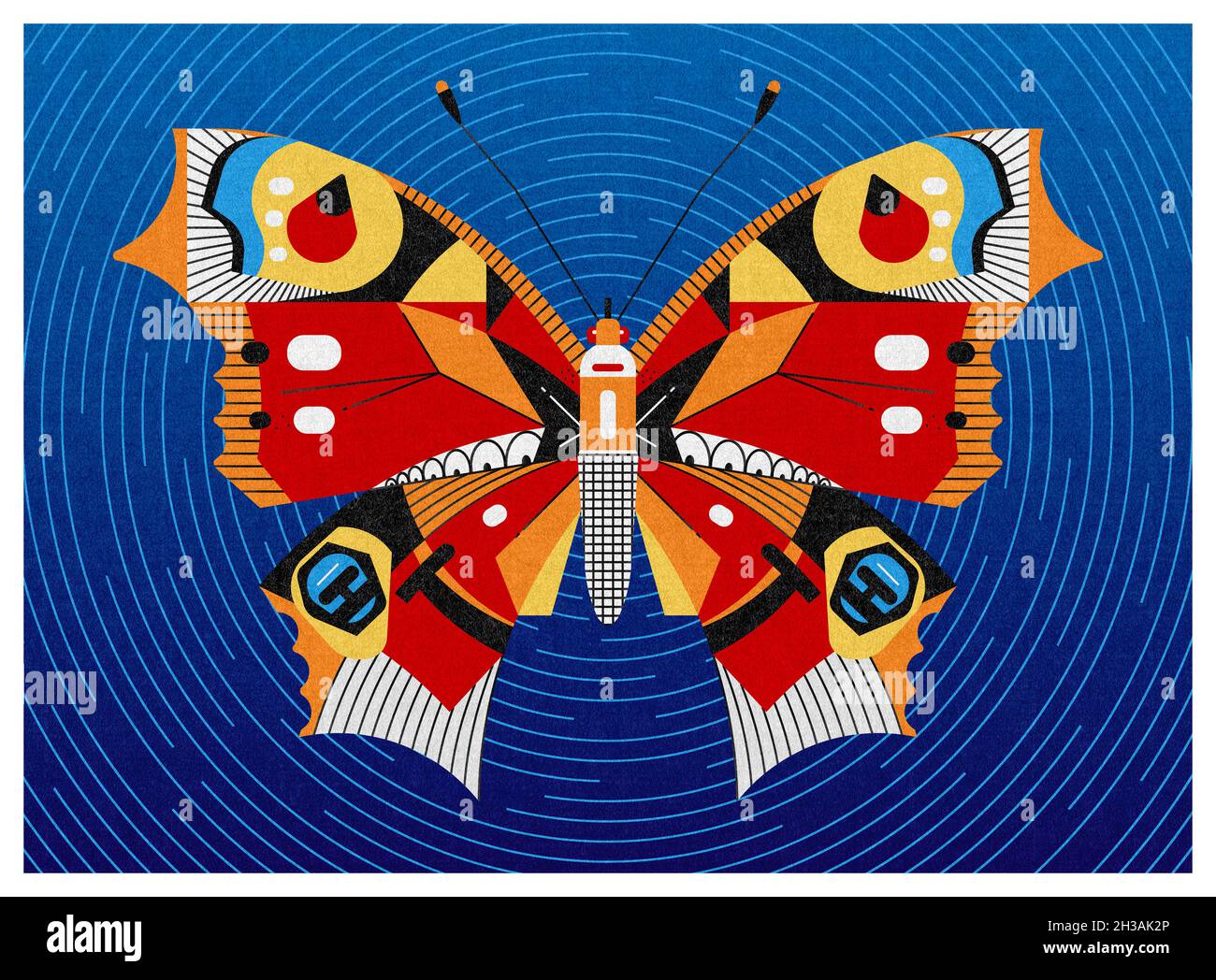 Peacock butterfly, flat cartoon style design. Background - evening sky ...