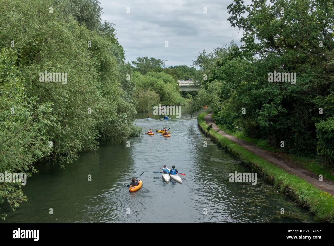 A group of kids kayaking on the Grand Union Canal viewed from Gallows ...