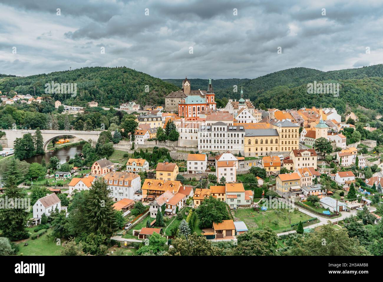 Panoramic view of famous medieval town of Loket,Elbogen, with colorful ...